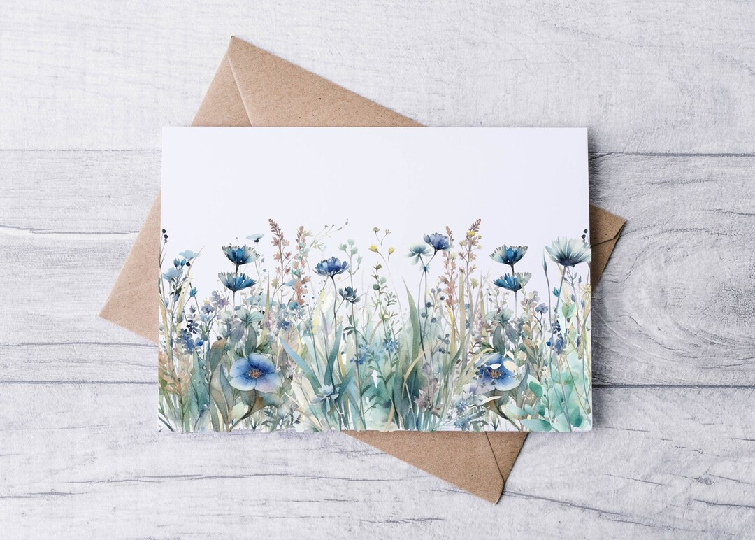 Blue Wildflower Cards Set - Blank Folded Note Cards With Greenery ...