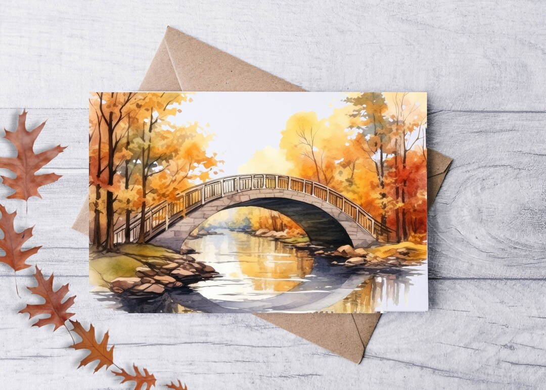 ENCHANTED Autumn Bridge Watercolor Cards - Luxury Linen Texture ...