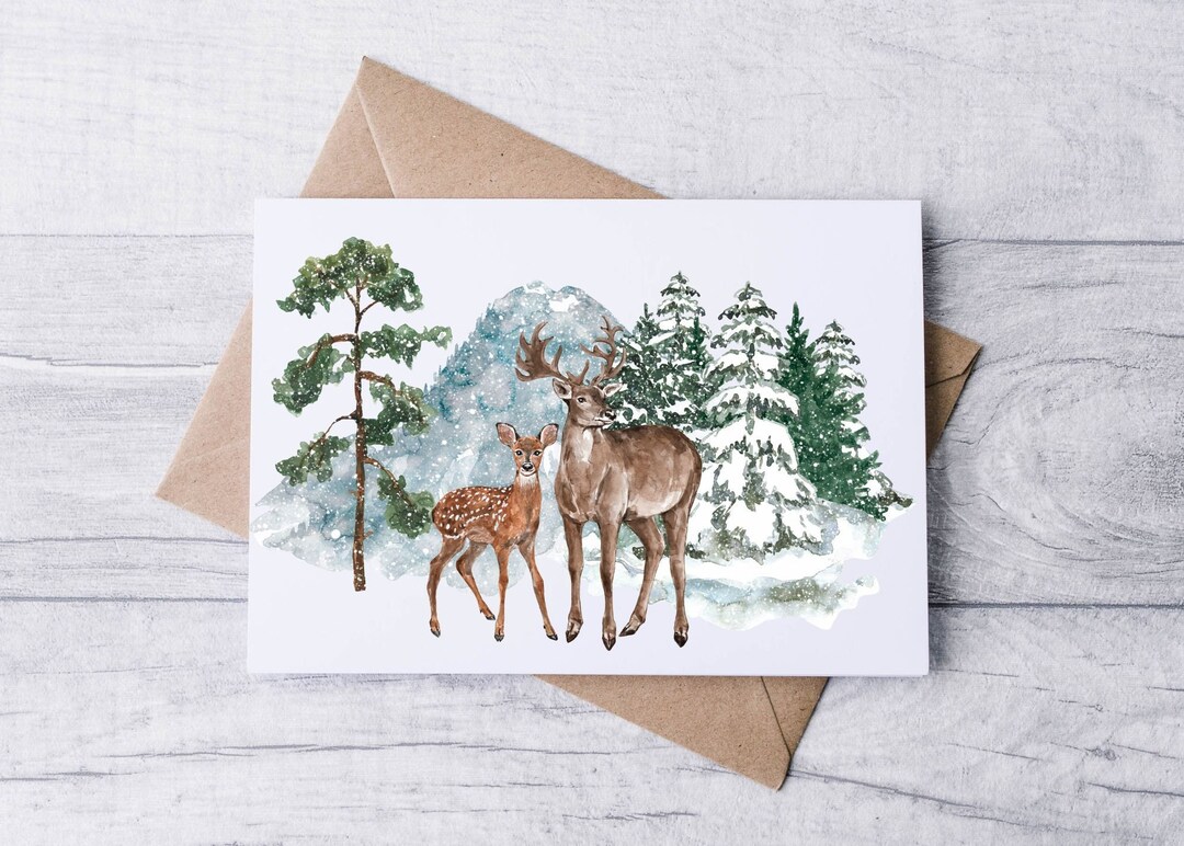 WOODLAND FRIENDS Evergreen Forest Woods and Deer Rustic Card Set ...