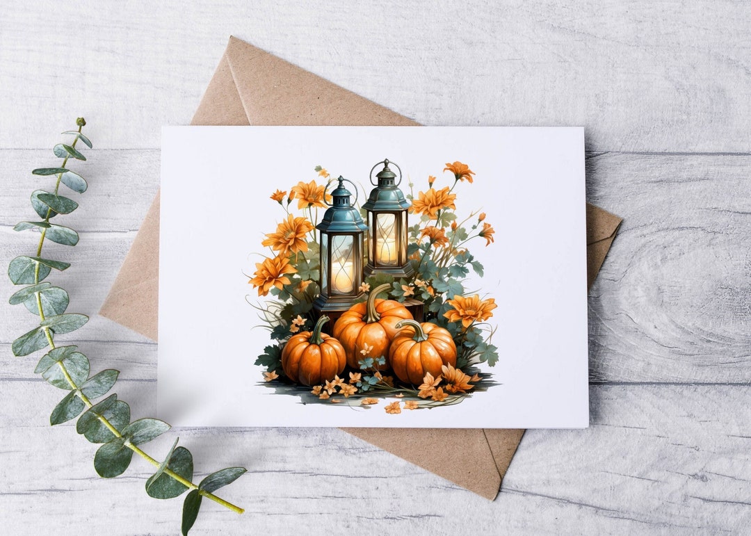 Fall Autumn Candle Lantern Pumpkin Watercolor Card Set / Fall / Folded ...