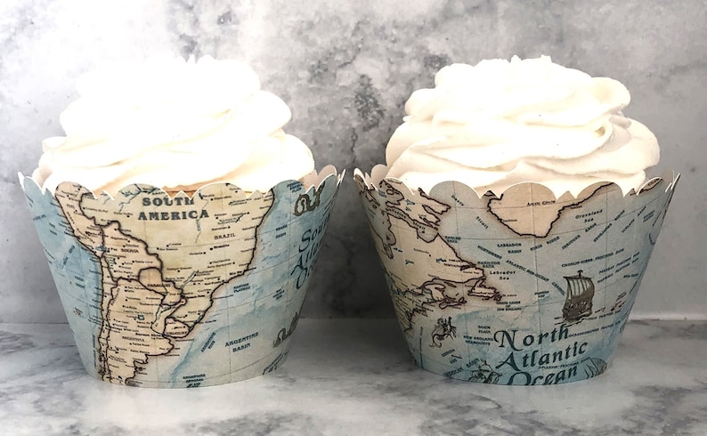 Vintage MAP CUPCAKE WRAPPERS Printed / Scalloped Edge / Travel / World ...