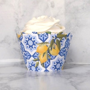 AMALFI COAST Blue Tile Lemons Cupcake Wrappers - Scalloped Edge, Smooth ...
