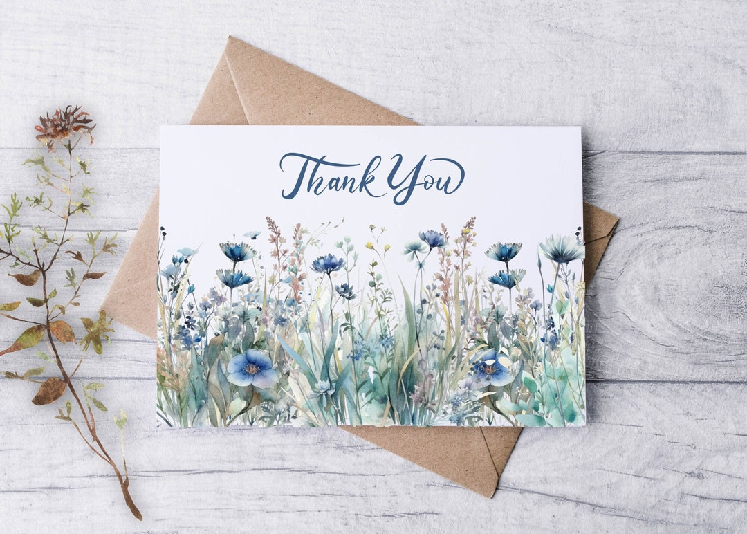 Blue Wildflower Thank You Cards Set - Blank Folded Note Cards With ...