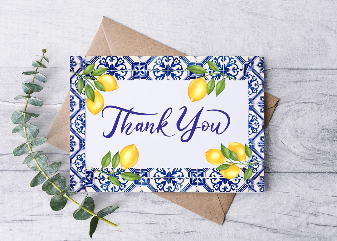 AMALFI COAST Blue Tile Lemon Thank You Card Set / Blank Note Cards ...