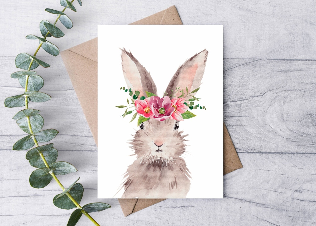 Bunny Rabbit With Flowers Card Set – Folded Blank Note Cards for Thank ...