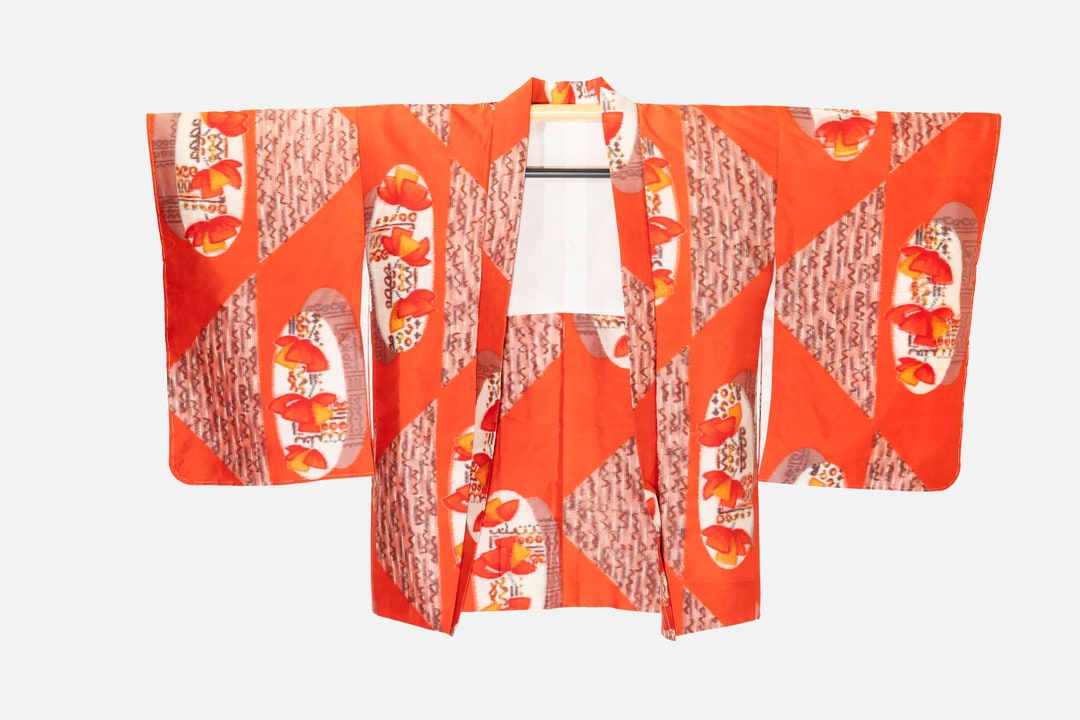 Japanese Vintage Orange Meisen Silk Haori Kimono Jacket | With Kasuri ...