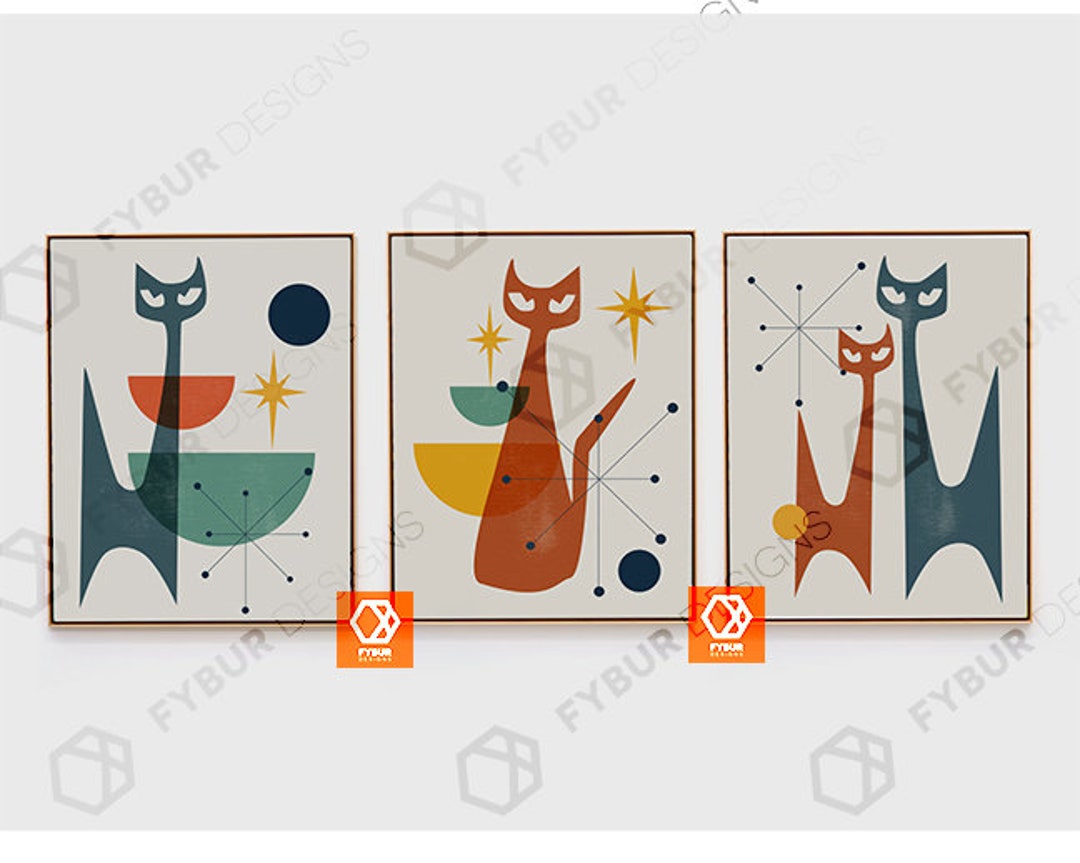 Mid Century Modern Wall Art Set Cat Art Mid-century Modern Art Set Cat ...