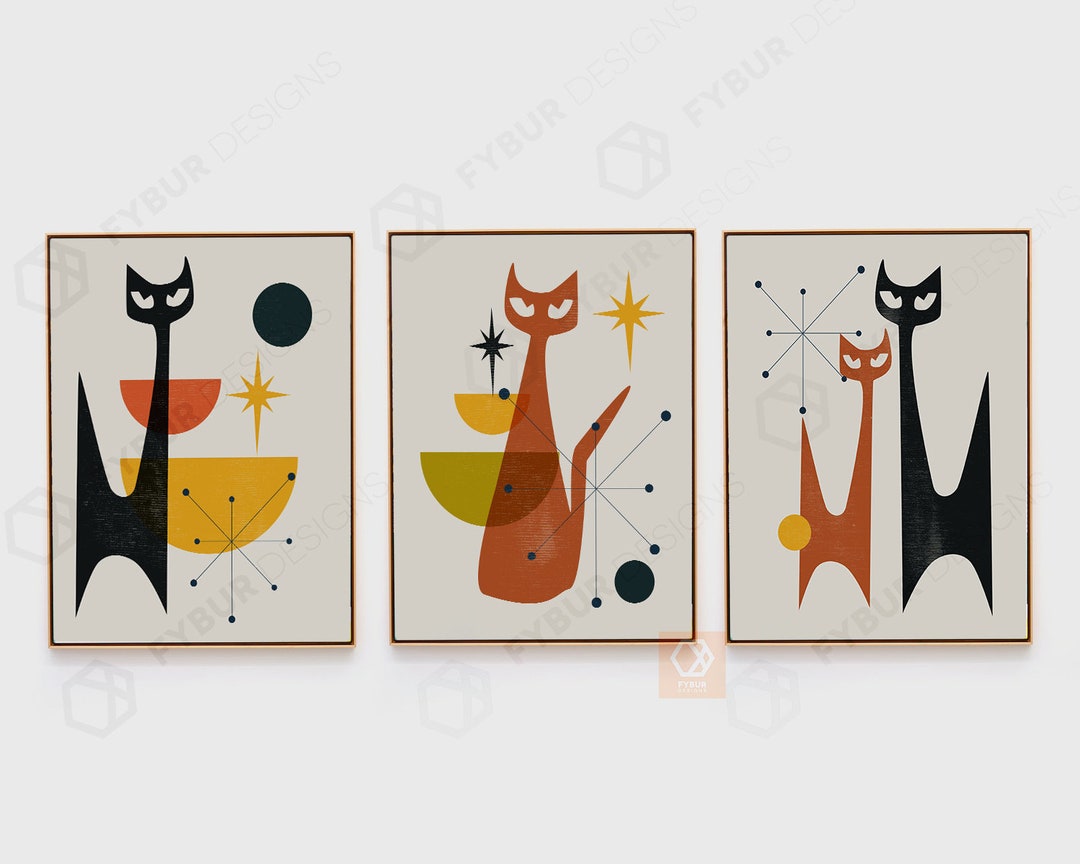 Black Mid Century Modern Cat Wall Art Set Cat Art Mid-century Cat Art ...