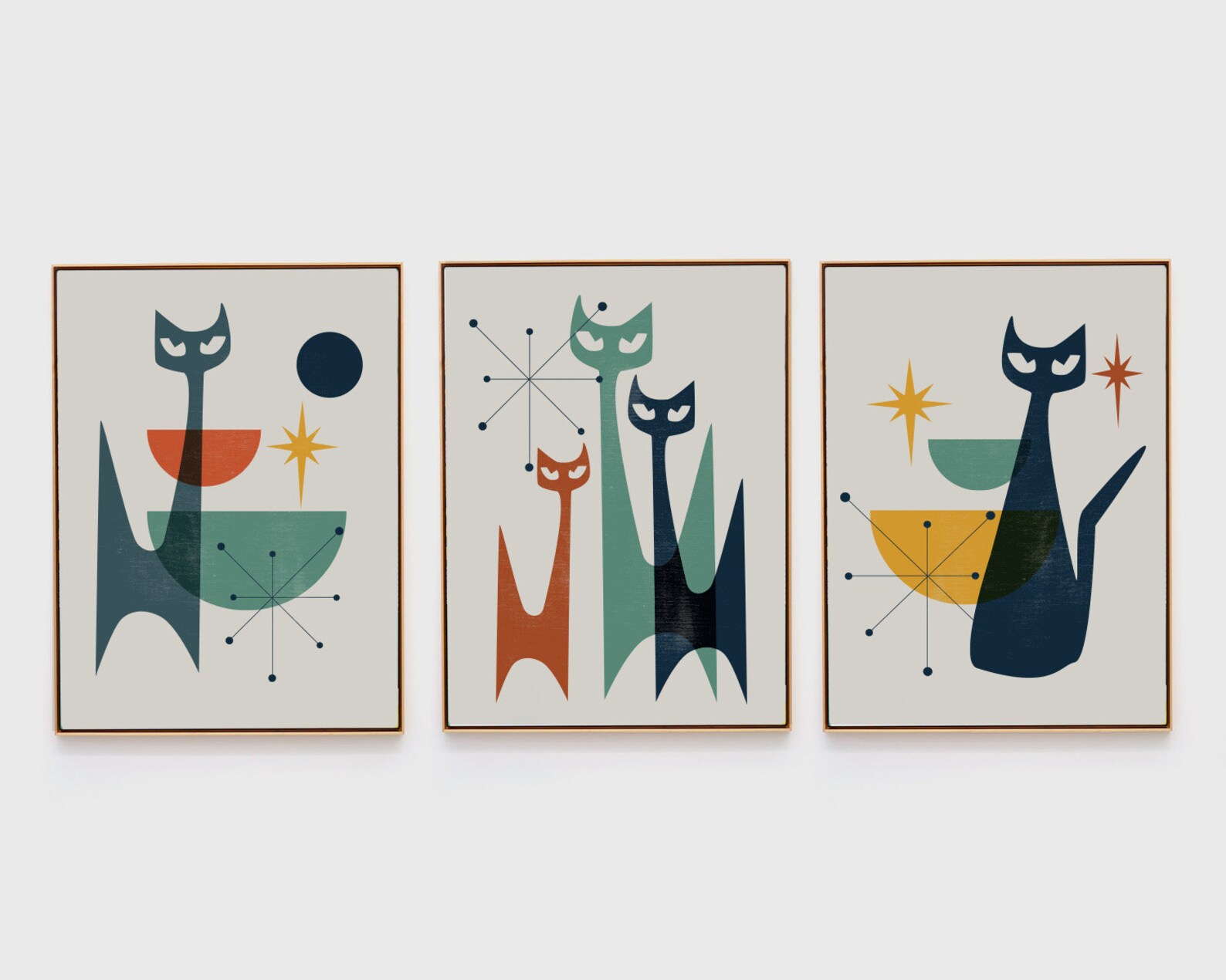 Cat Wall Art Mid Century Modern Art Set Cat Decor Black Cat Art Black ...