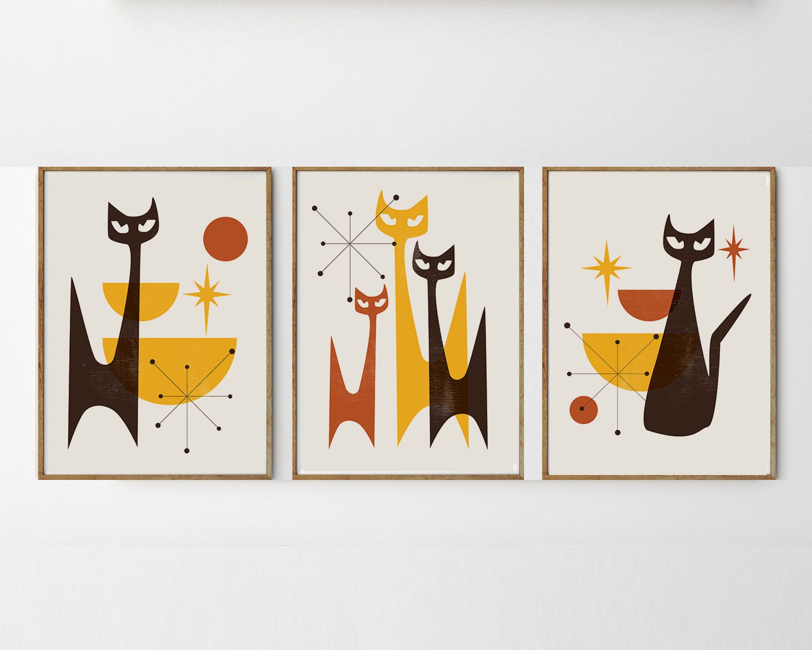 Cat Wall Art Mid Century Modern Art Set Cat Decor Black Cat Art Black ...