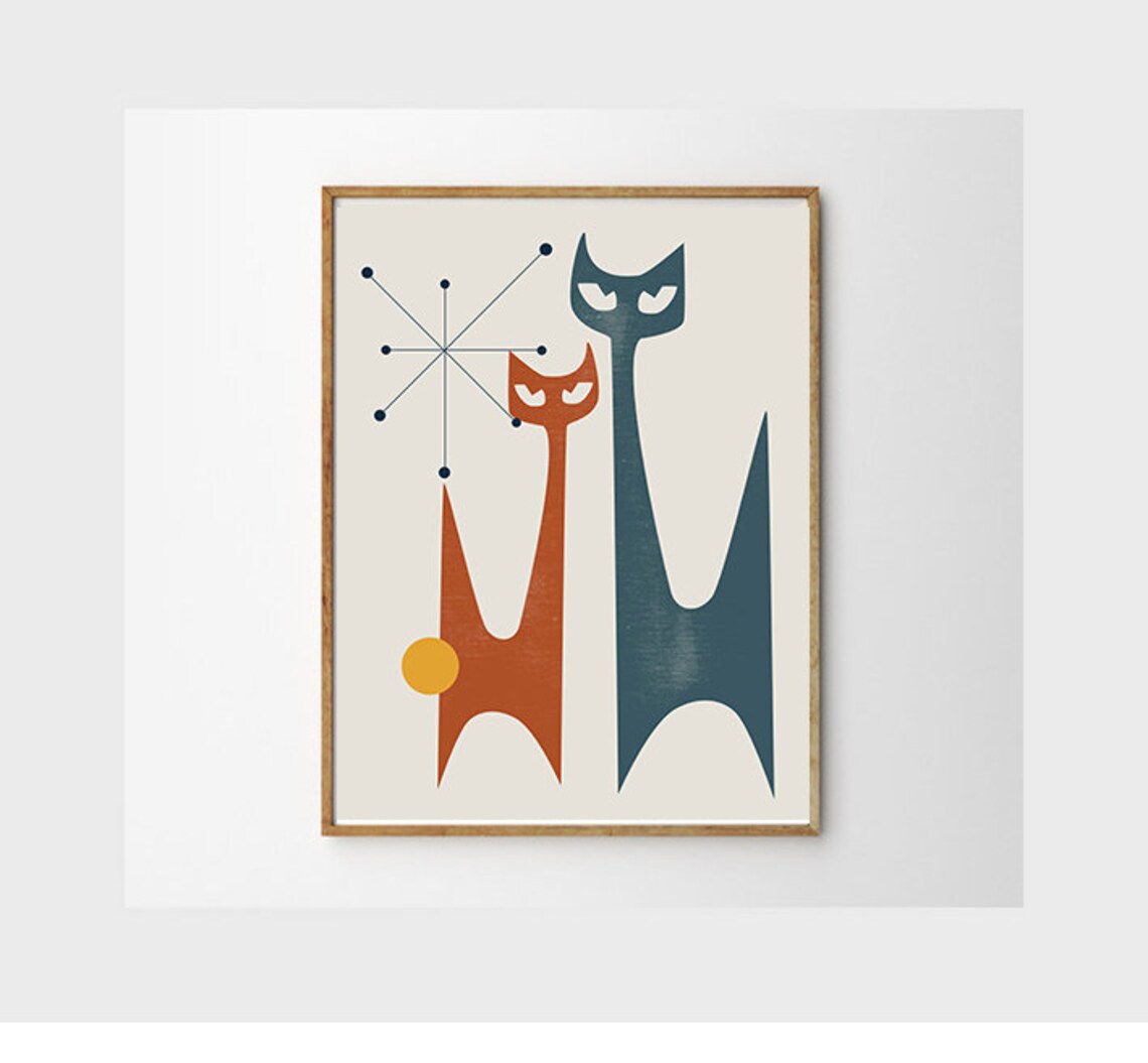 Mid Century Modern Wall Art Set Cat Art Mid-century Modern Art - Etsy