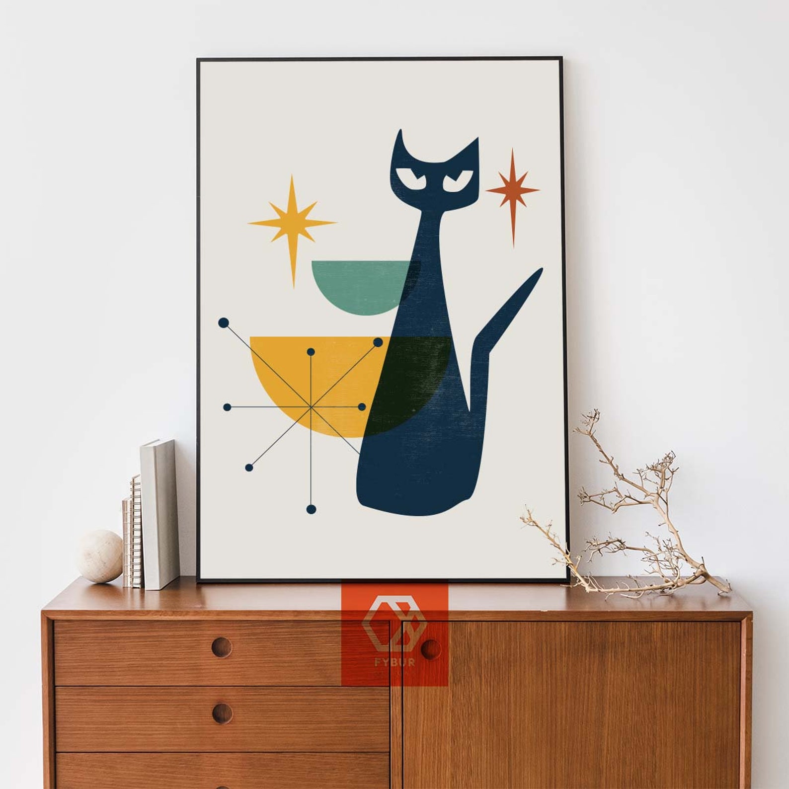 Cat Wall Art Mid Century Modern Art Set Cat Decor Black Cat Art Black ...