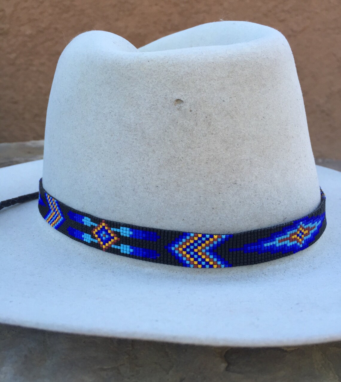 Beaded Cowboy Hatband in Blues,red and Mustard Colors on a Black ...