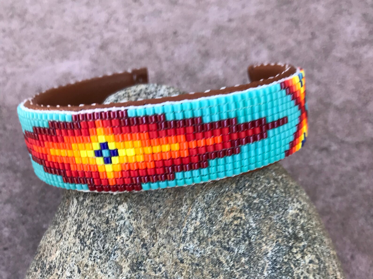 Geometric Beaded Bracelet in Sunburst Colors on a Tuorquise - Etsy