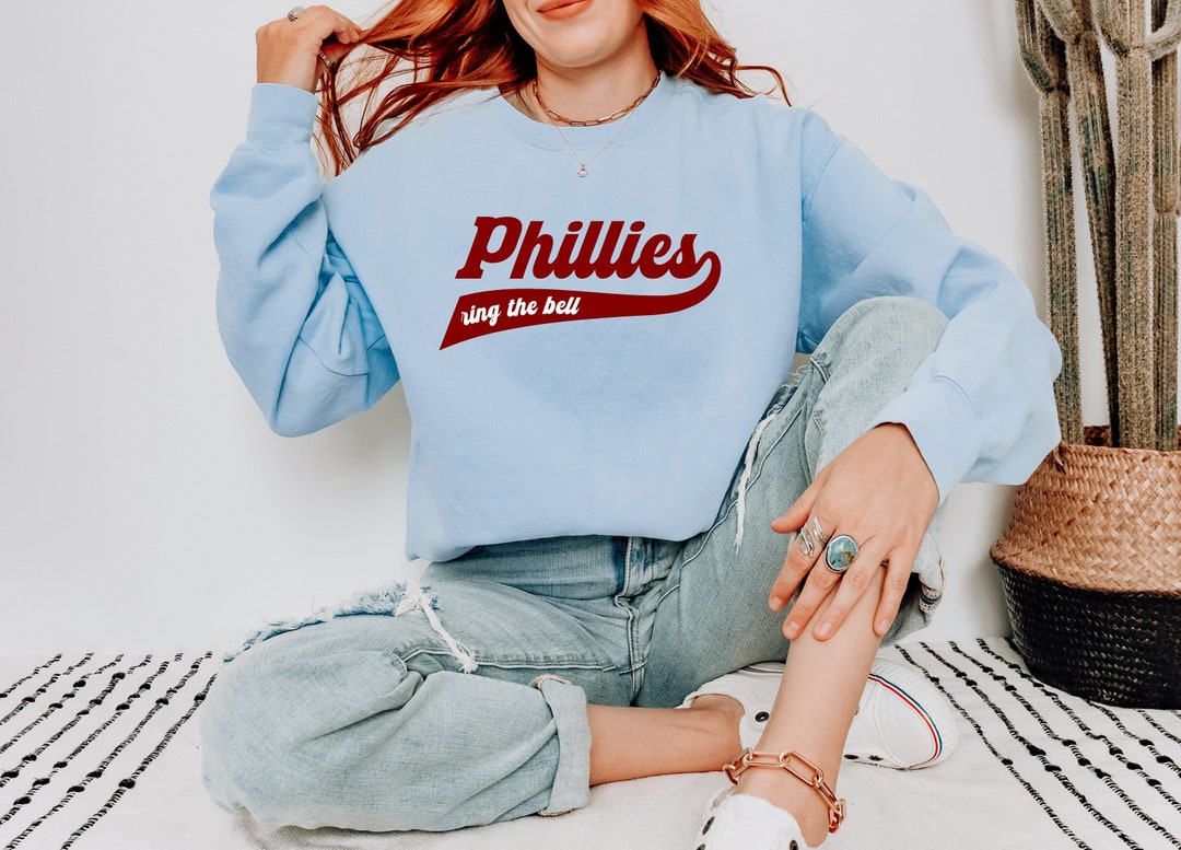 Phillies Ring the Bell Crewneck in Vintage Light Blue Chambray Dye Unisex Sweatshirt Cute ...