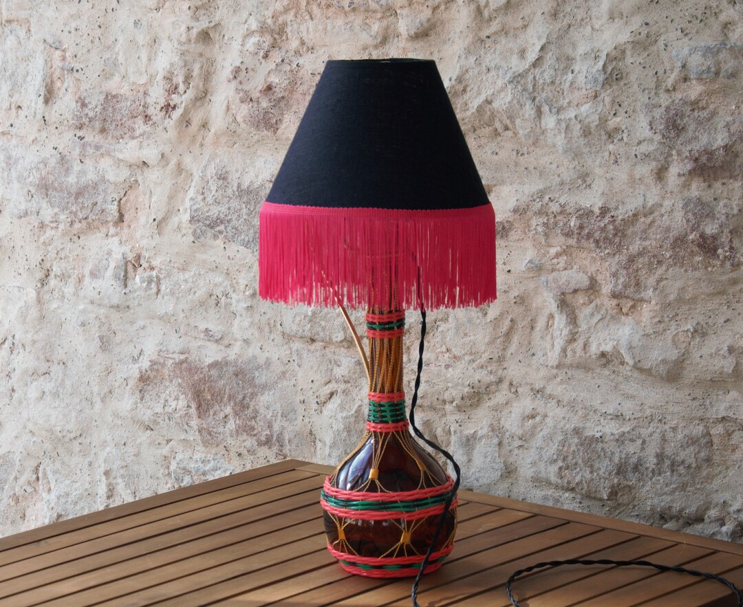 Kitch Aladdin Table Lamp: Amber Glass Carafe and Scoubidou, Black Linen ...