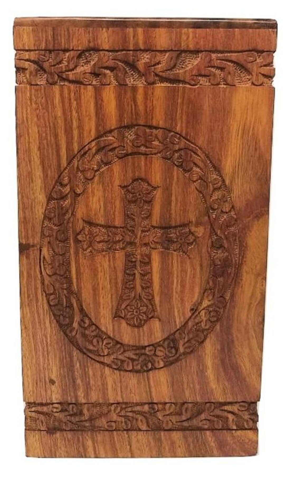 Solid Rosewood Urn With Carved Cross & Oval Border - Adult Cremation ...