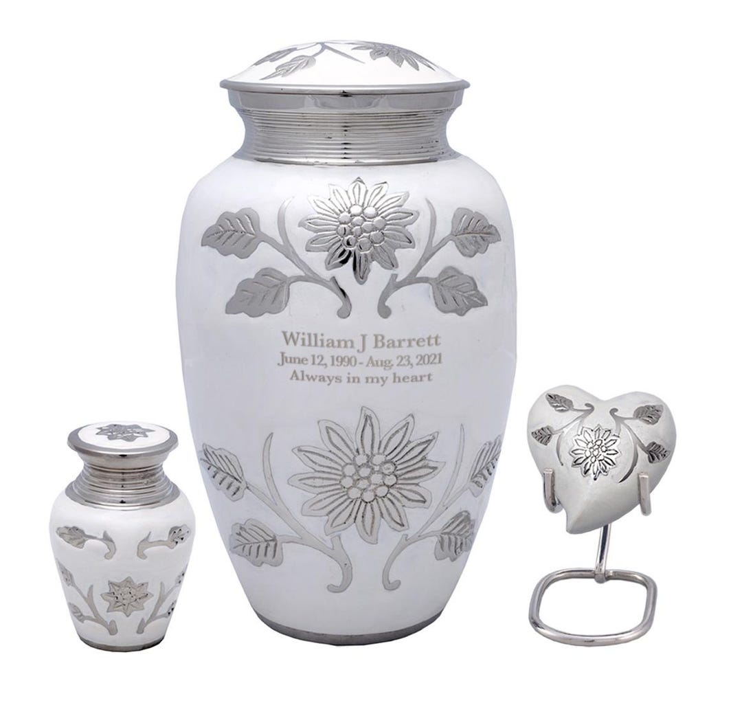 Elegant White Cremation Urn With Hand-detailed Silver Sunflower Design ...