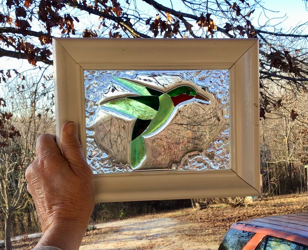 WHITE Framed RUBY Throated HUMMINGBIRD Crushed Glass, Resin and Stained ...