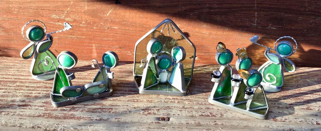 SMALL JADE Green 5 Piece NATIVITY Scene in Stained Glass, Religious ...