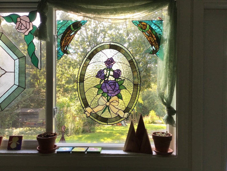Victorian Stained Glass Rose Window Panel: Purple Roses, Gold Ribbon - Etsy