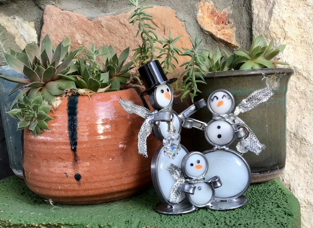 FAMILY of THREE SNOWMEN, Glass Nugget Snow Family, Swarvoski Snowflake ...