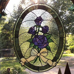 Victorian Stained Glass Rose Window Panel: Purple Roses, Gold Ribbon - Etsy