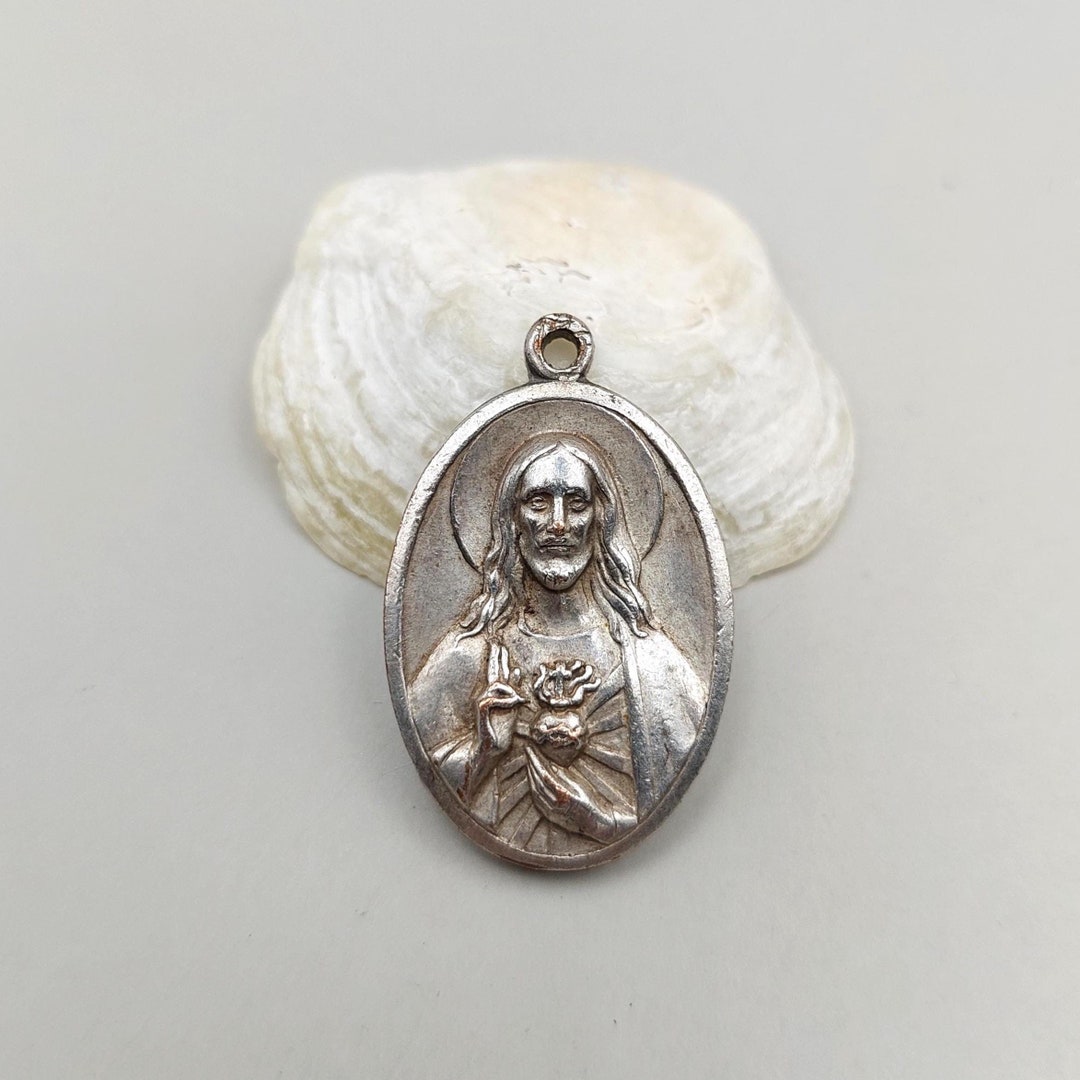 Large Vintage Sacred Heart of Jesus Medal • Blessed Mother - High ...