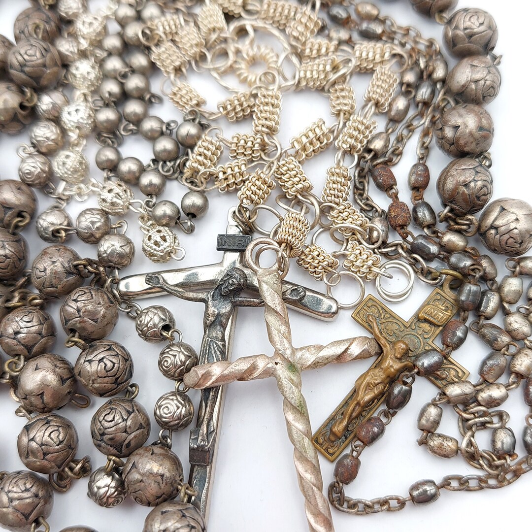 Vintage Broken Rosary Beads LOT All Metal Silvertone, Brass Fix, Repair ...