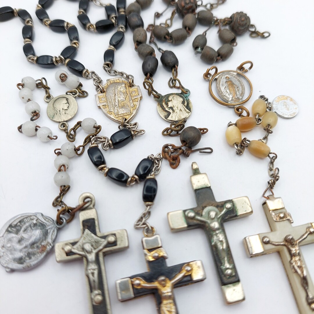 Vintage Broken Rosary Beads LOT • Glass, Wood- Centers, Crucifixes ...