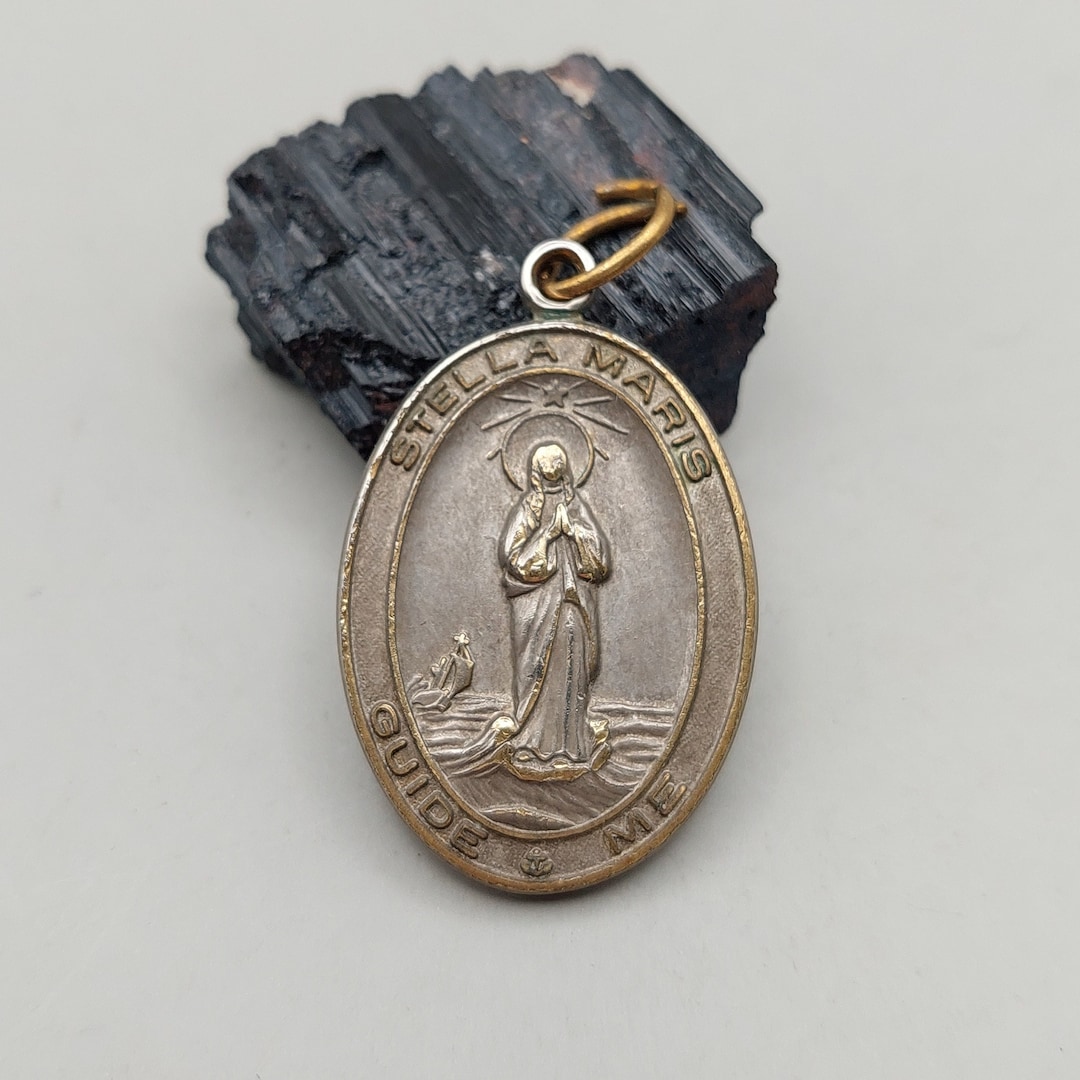 Vintage Stella Maris Medal Our Lady Star of the Sea Large Catholic Pendant, Religious Medallion ...