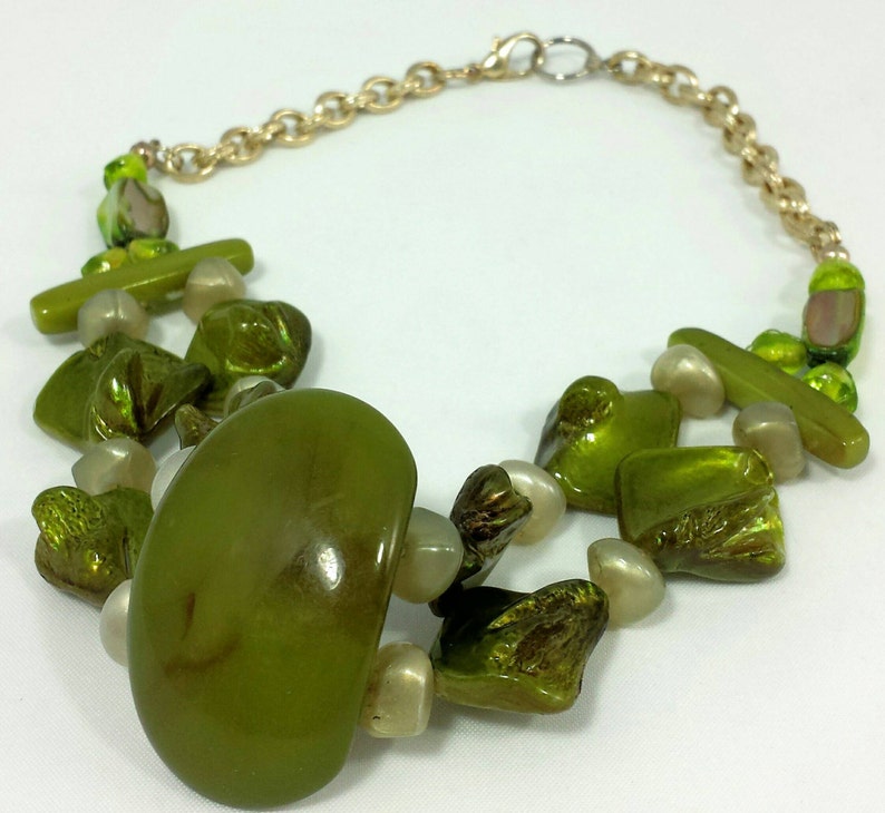 Green Collarbone Necklace Shell Jewelry Faux Pearl Double Strand to ...