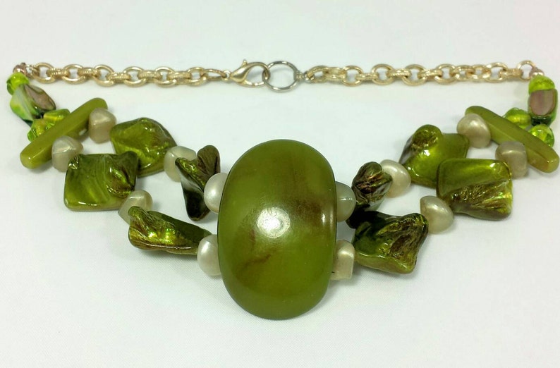 Green Collarbone Necklace Shell Jewelry Faux Pearl Double Strand to ...