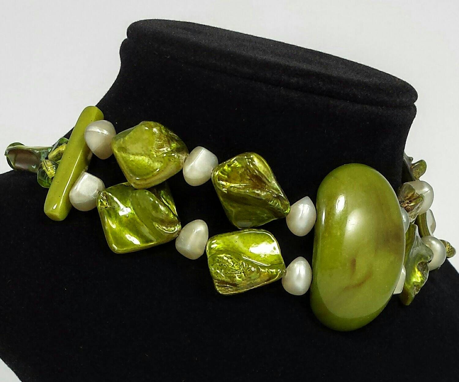 Green Collarbone Necklace Shell Jewelry Faux Pearl Double Strand to ...
