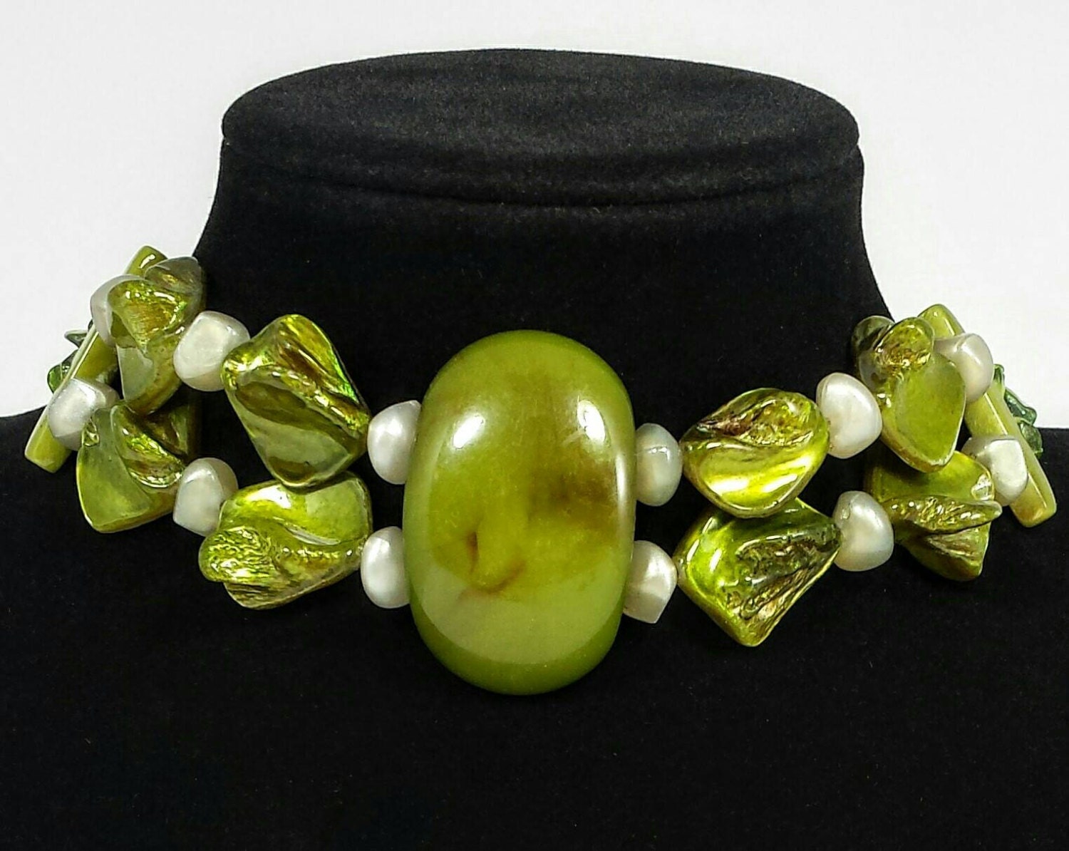 Green Collarbone Necklace Shell Jewelry Faux Pearl Double Strand to ...