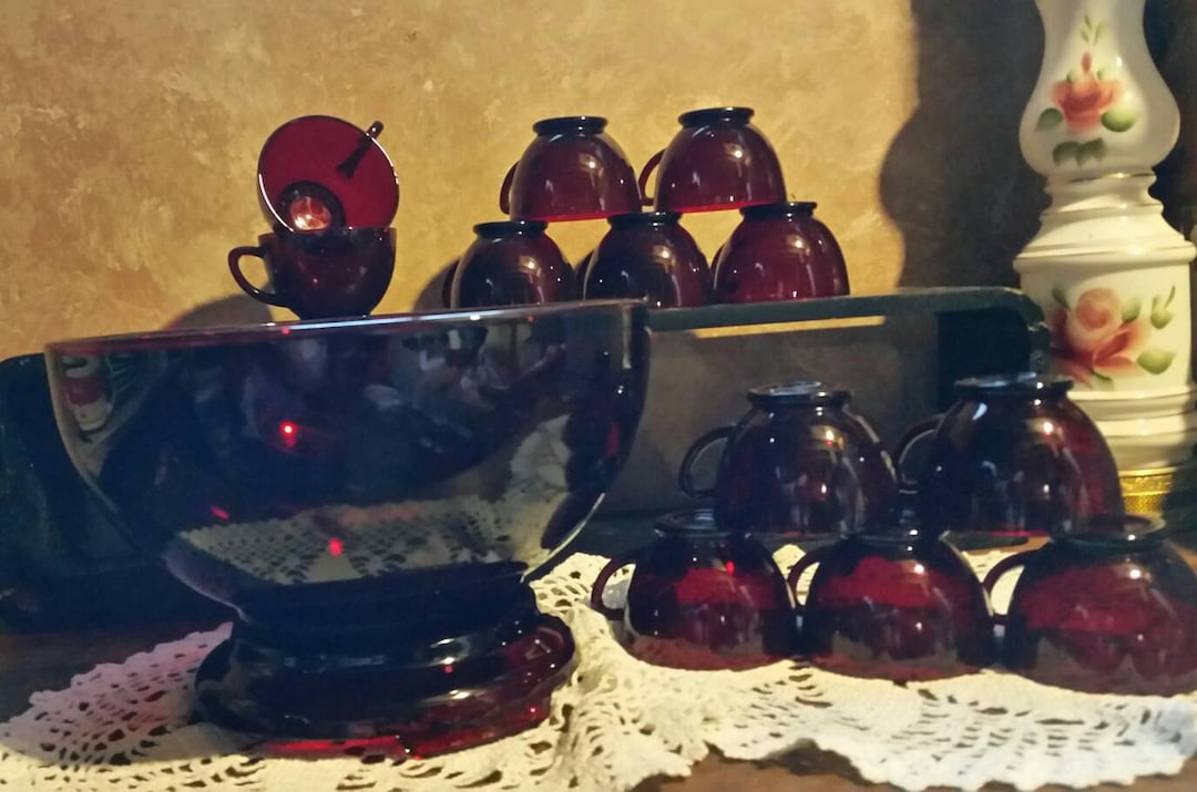 Beautiful Ruby Red Punch Bowl Set (12 Cups and Base Included) Mjm8355 ...