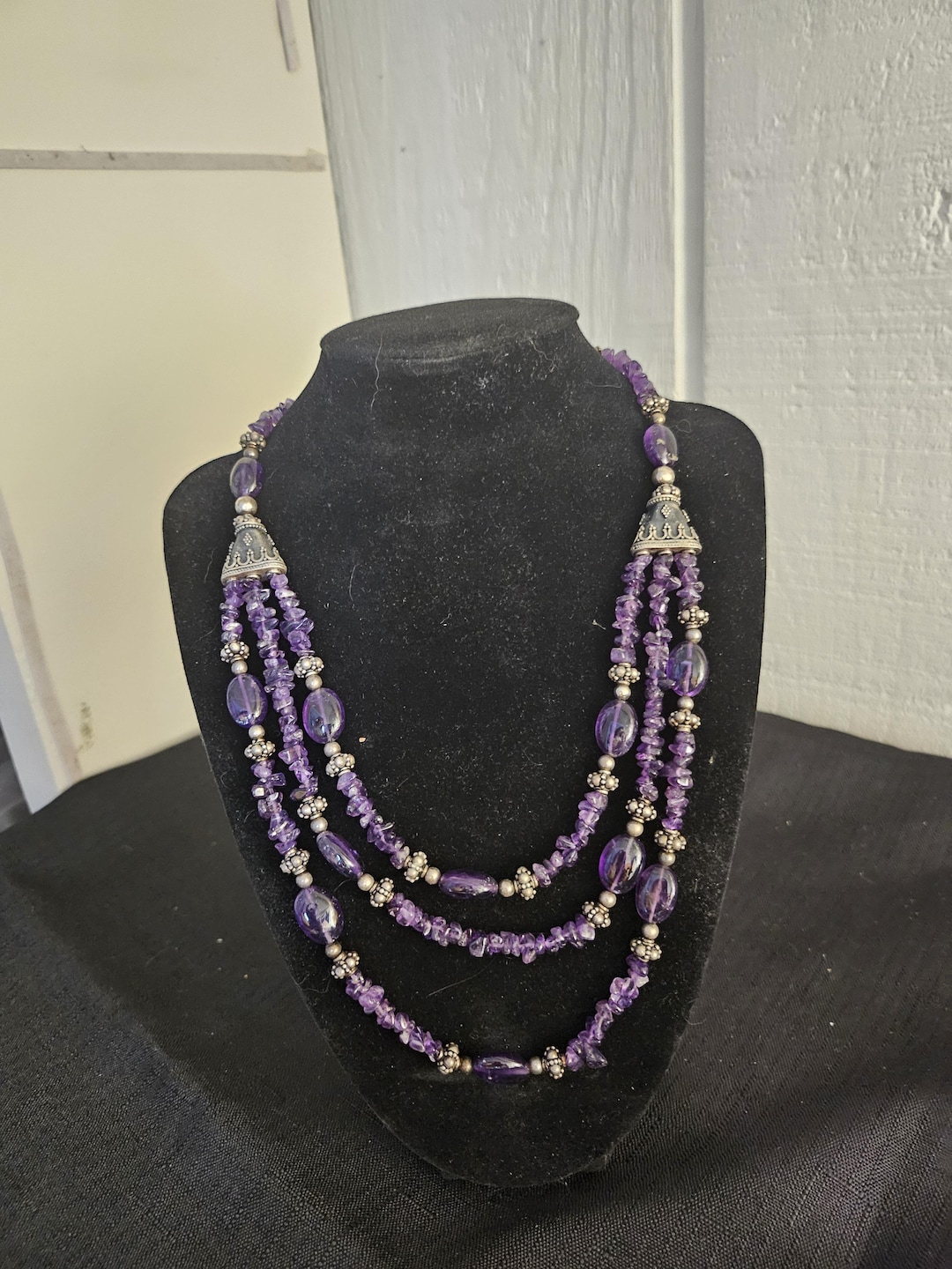Amethyst Multi Strand Necklace Sterling Silver Beads Layered Purple ...