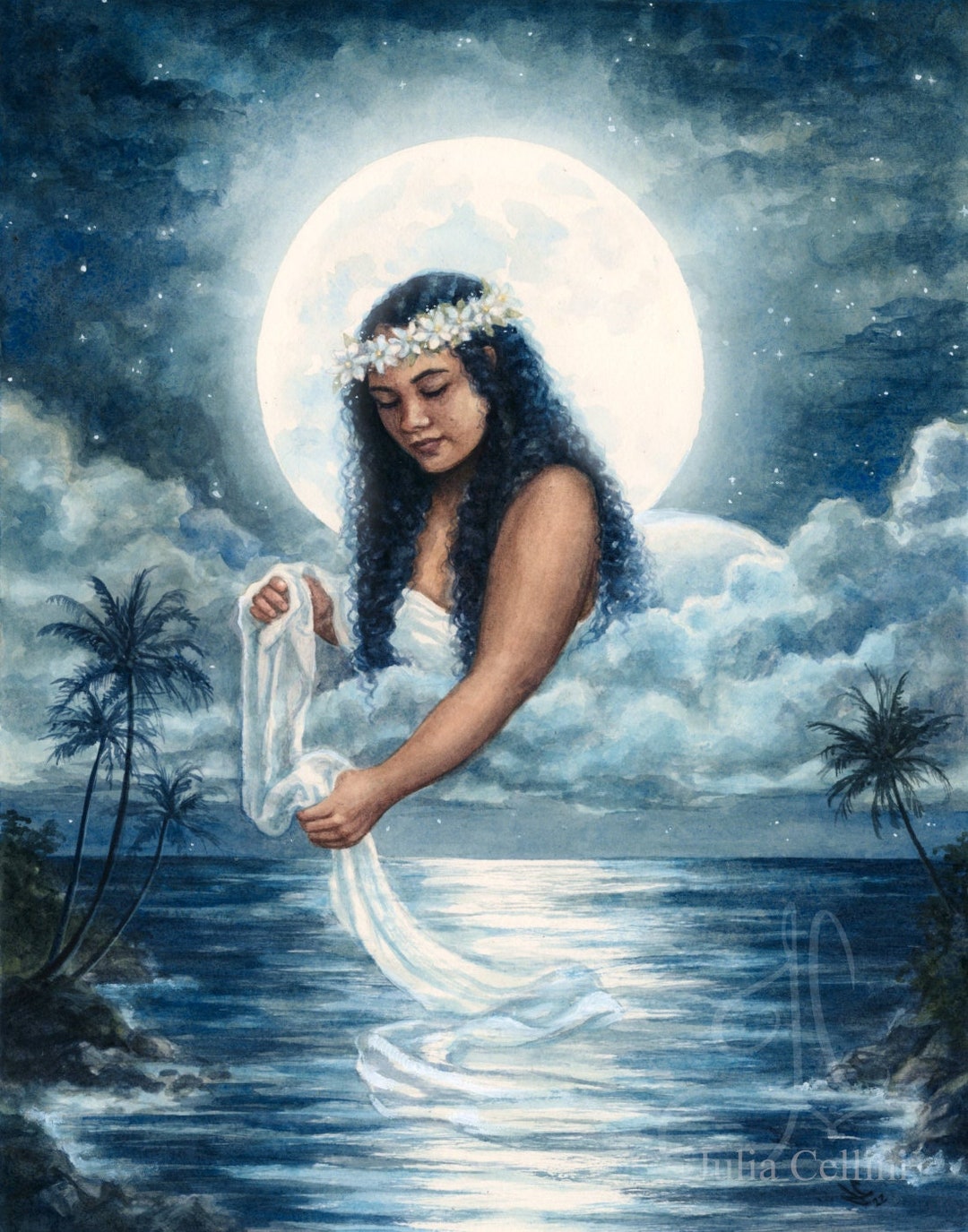 Hina Hawaiian Moon Goddess | Mahina Ocean Art Watercolor - Etsy