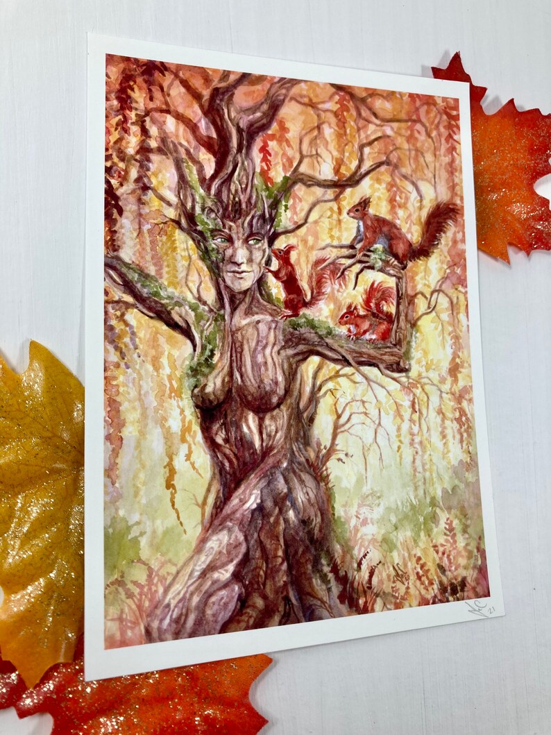 Autumn Dryad Red Squirrels Watercolor Art Print Fall Tree - Etsy