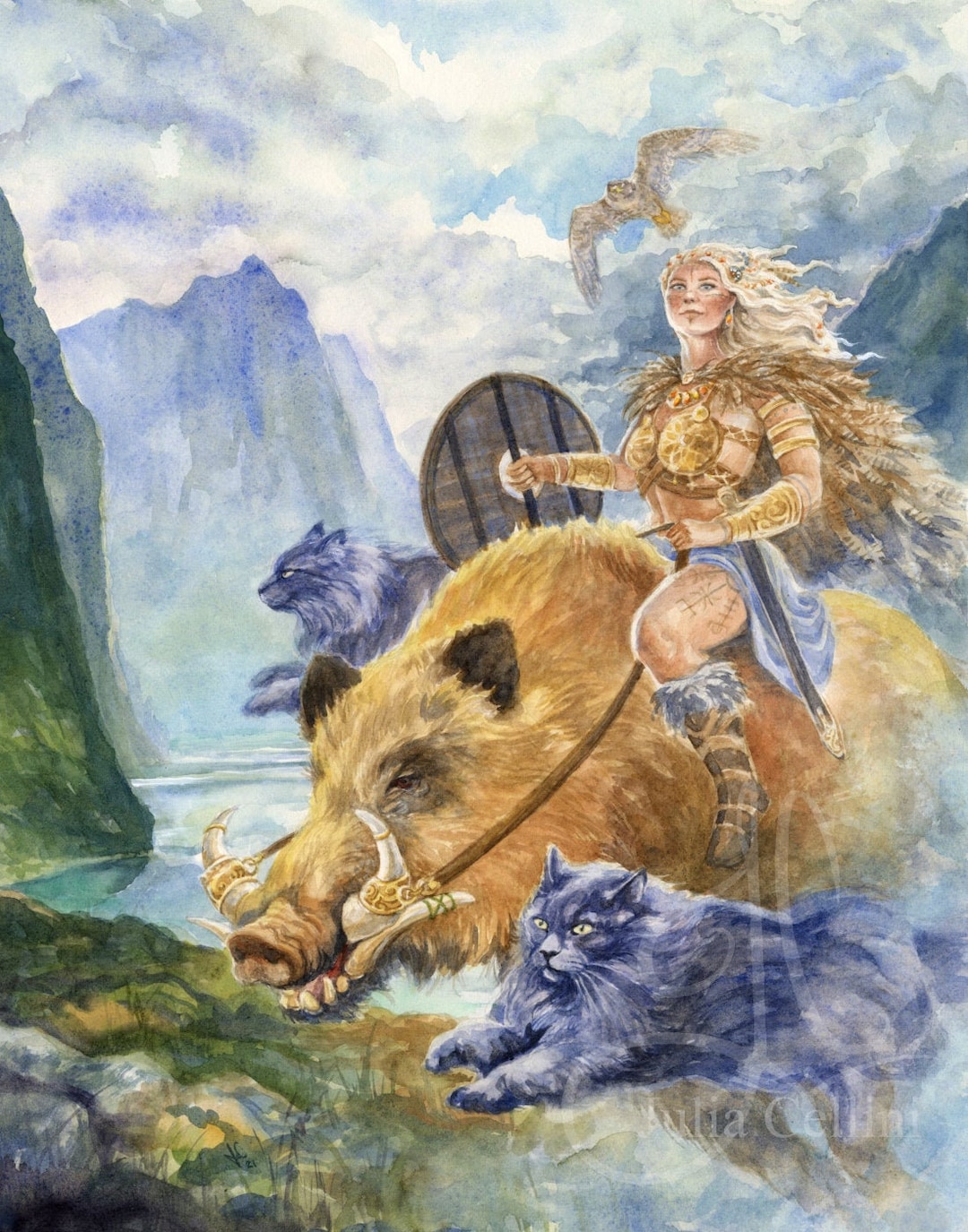 Freyja Large Print | Norse Goddess and Boar Hildisvíni Cats | Freya Art ...
