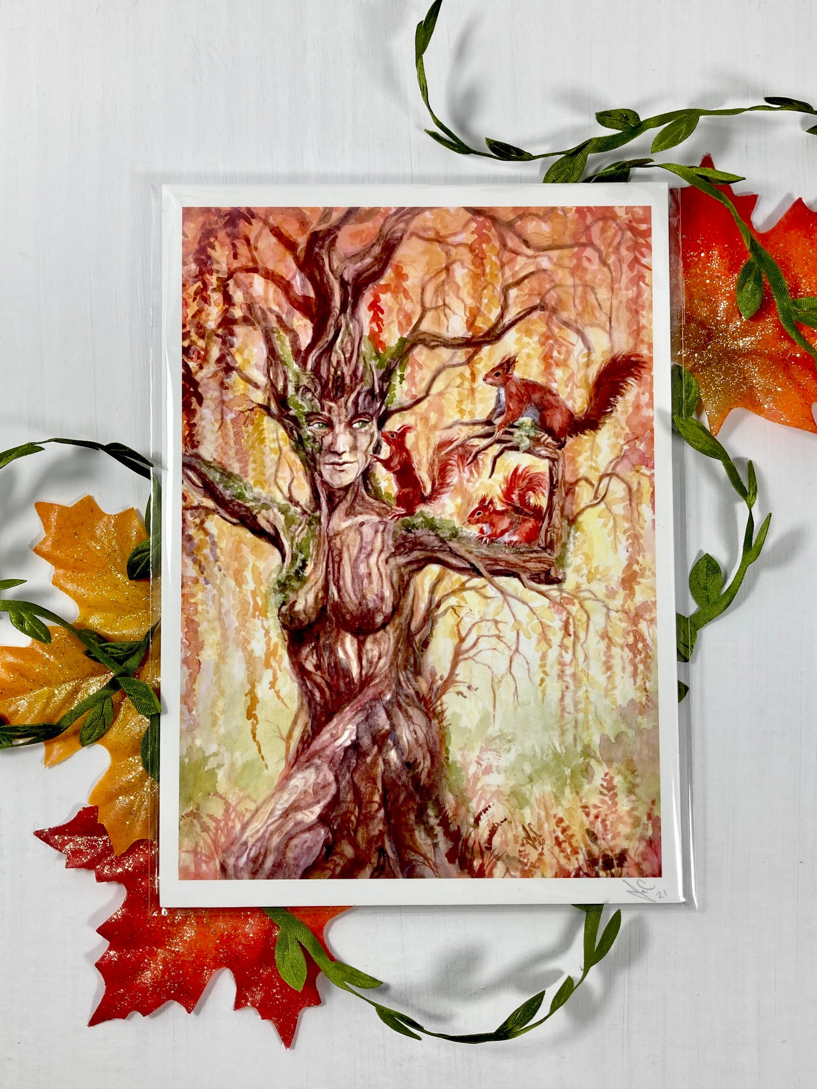 Autumn Dryad Red Squirrels Watercolor Art Print Fall Tree | Etsy