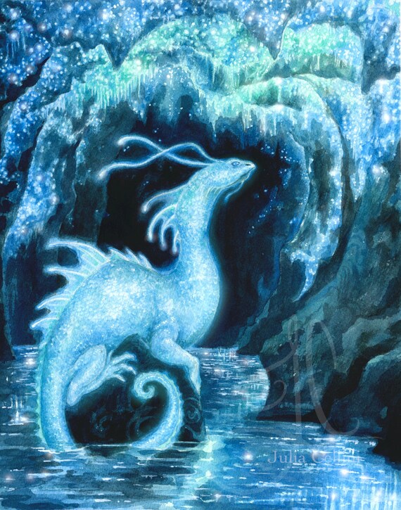 Glow Wyrm Dragon Blue Cave Art Print Watercolor Fantasy - Etsy