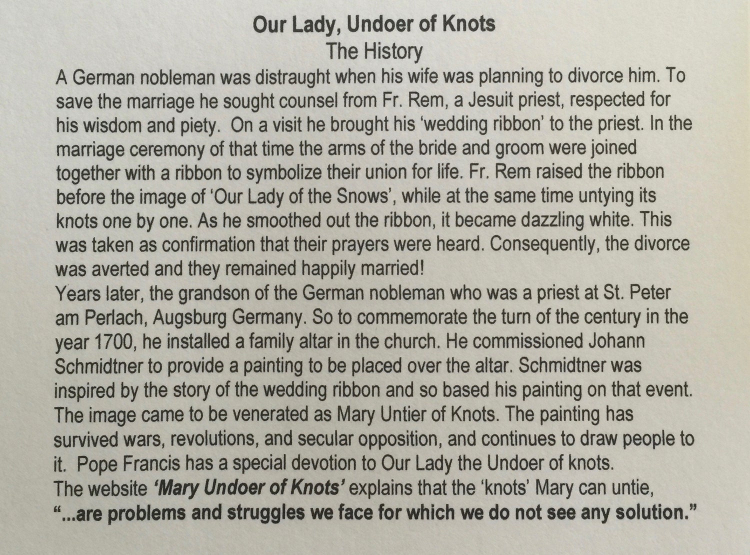 Mary Undoer of Knots, Mary Untier of Knots, Our Lady, Virgin Mother ...