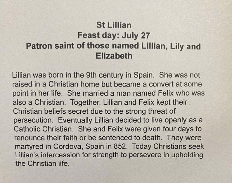 St. Lillian, Patron Saint of Lily, Patron Saint of Elizabeth, Patron ...