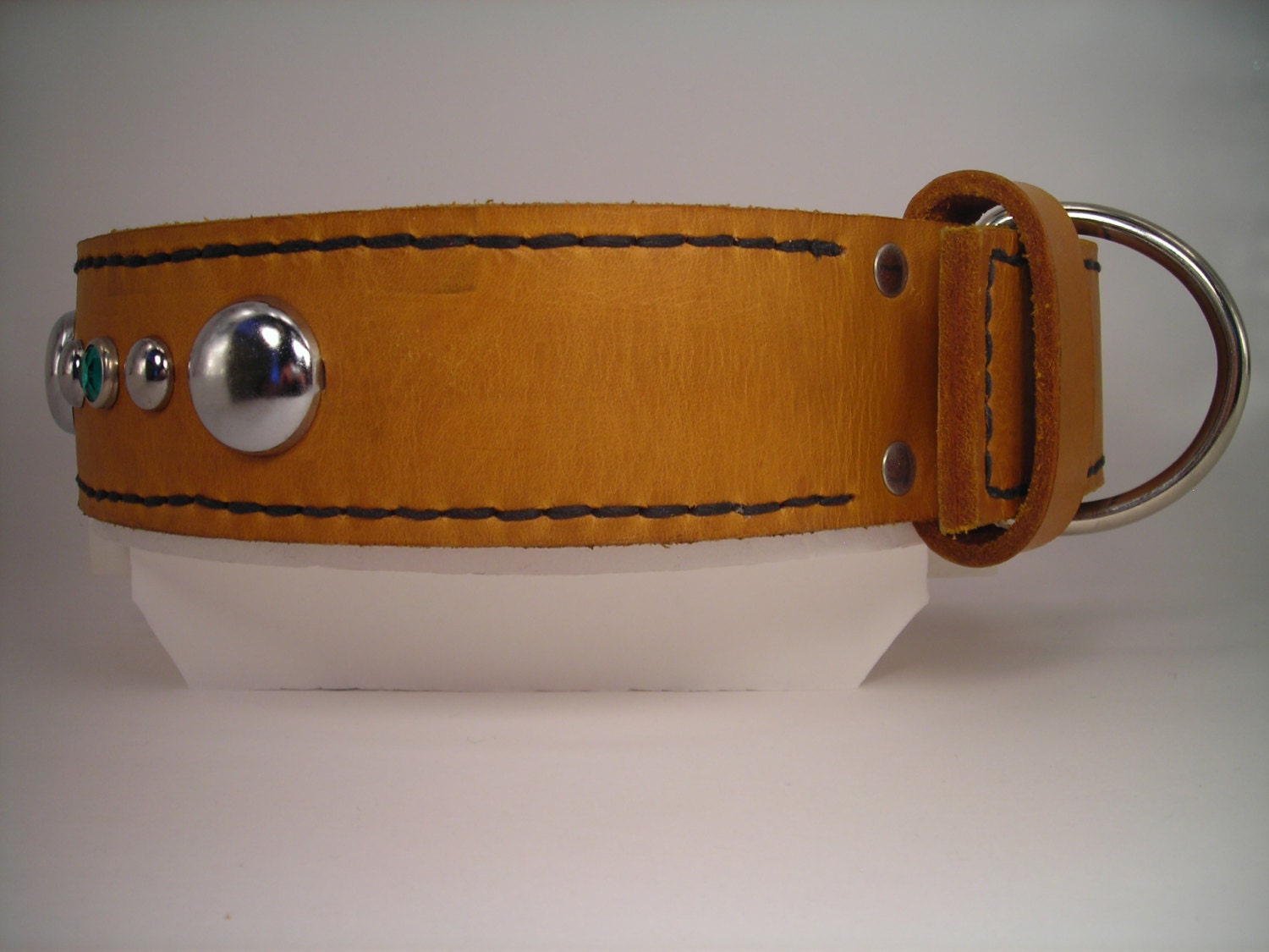 Genuine Leather Dog Collar (tan) With Green Stone Inset to Nickel ...