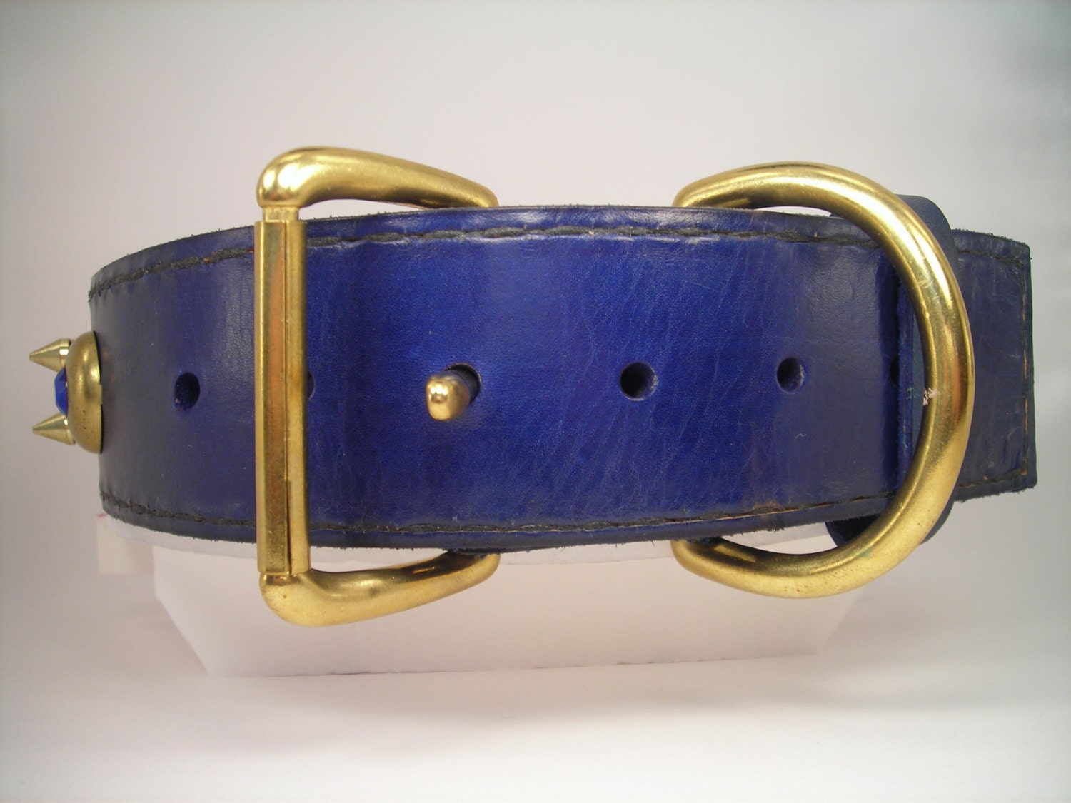Genuine Leather Dog Collar (blue) With Blue Stone Inset to Round Brass ...