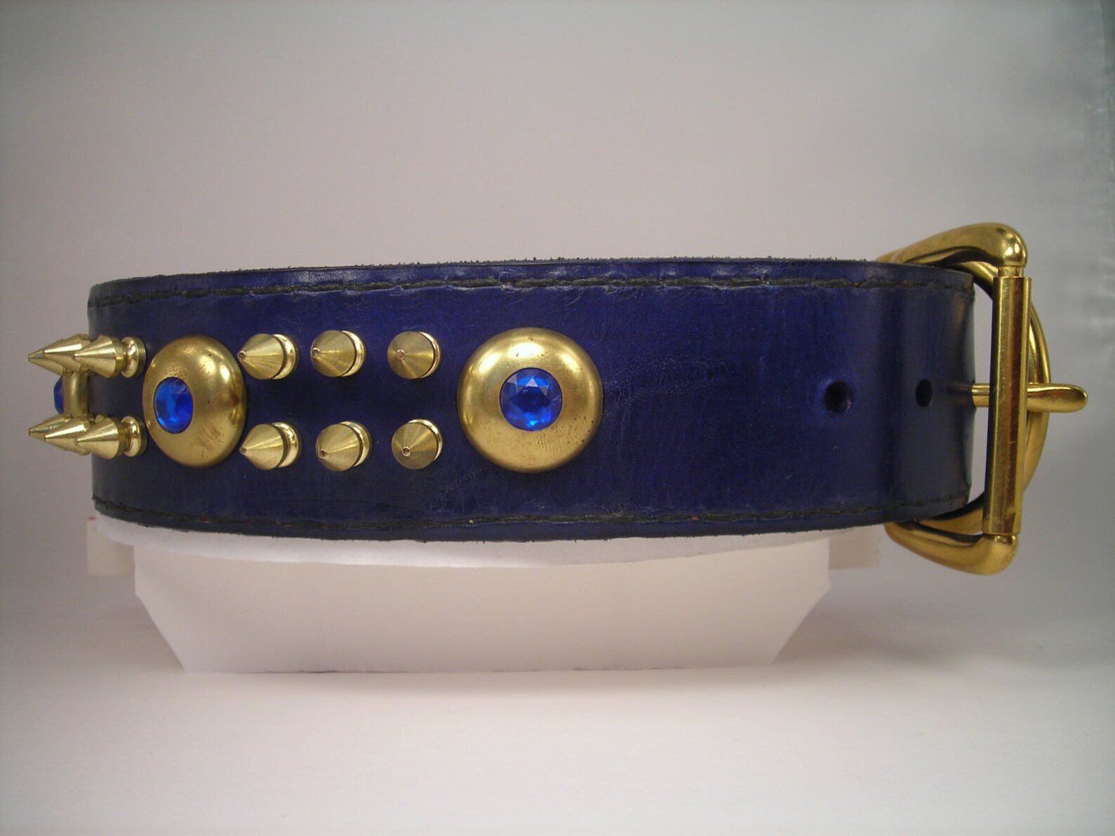 Genuine Leather Dog Collar (blue) With Blue Stone Inset to Round Brass ...