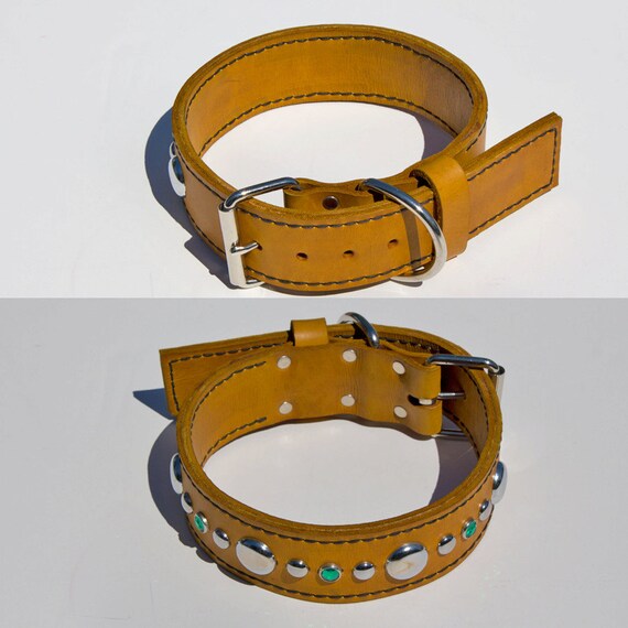 Genuine Leather Dog Collar tan With Green Stone Inset to - Etsy