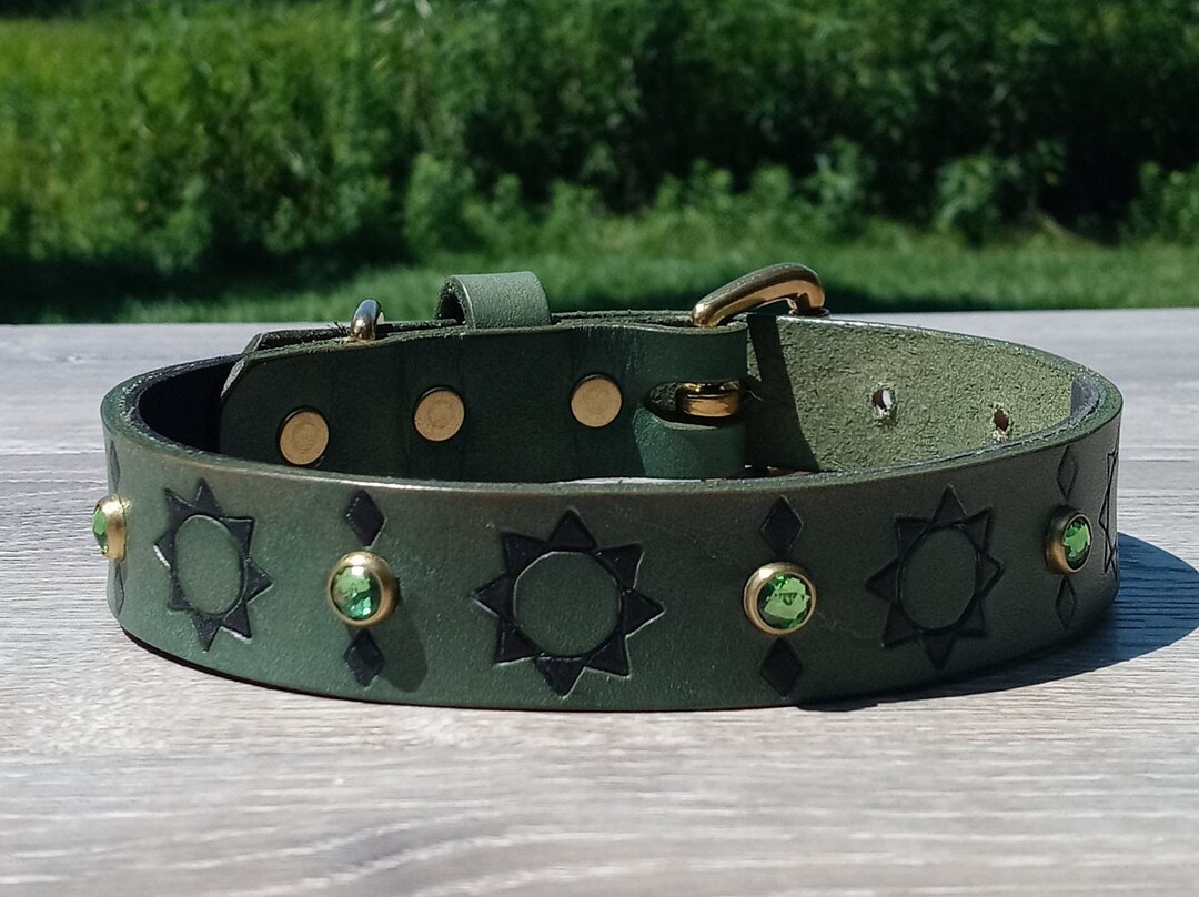 Small Green Leather Collar With Green Stones. - Etsy