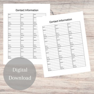 Contact Printable, Contact Information Sheet, Instant Download ...